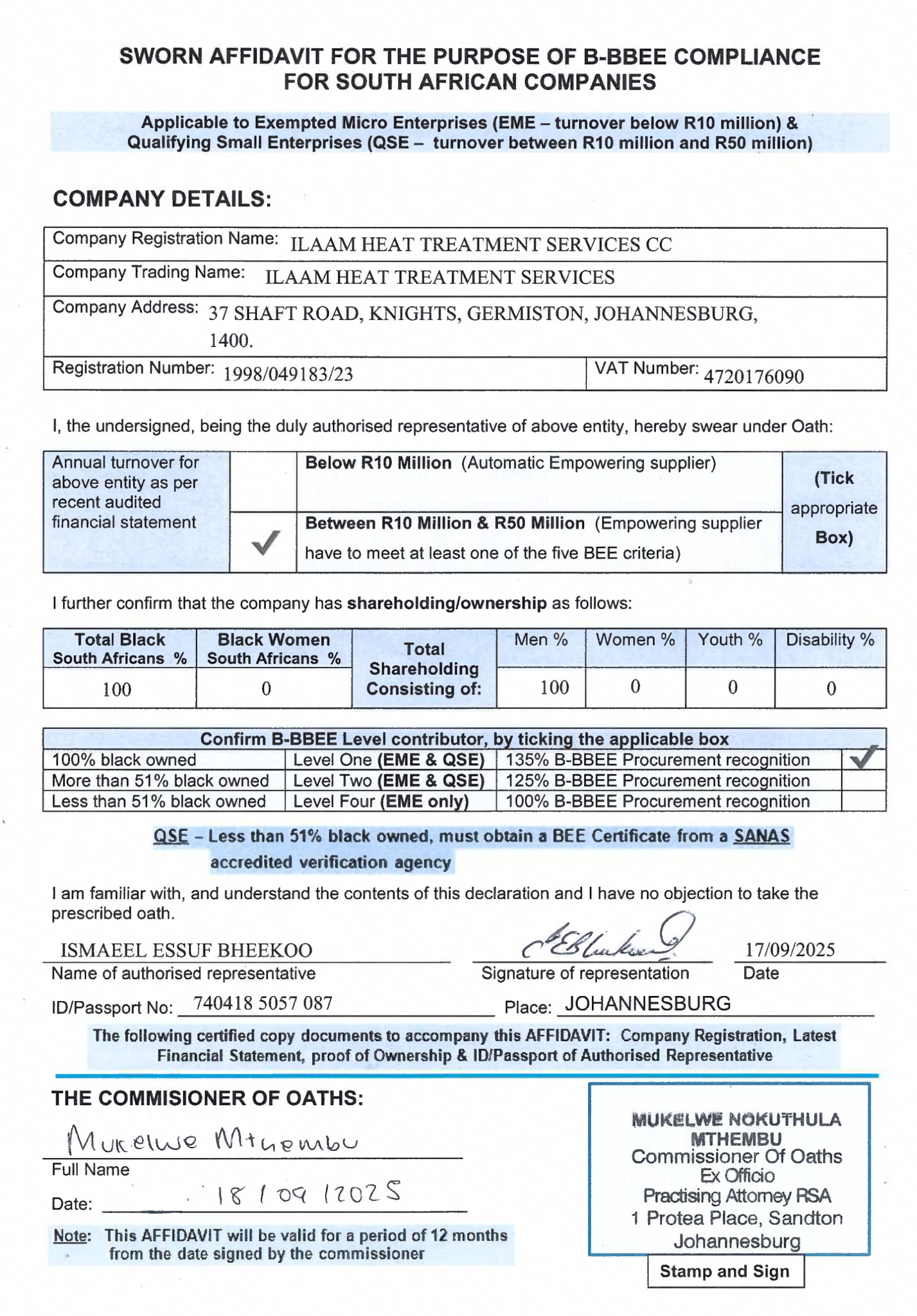 B-BBEE Certification – Ilaam Heat Treatment Services